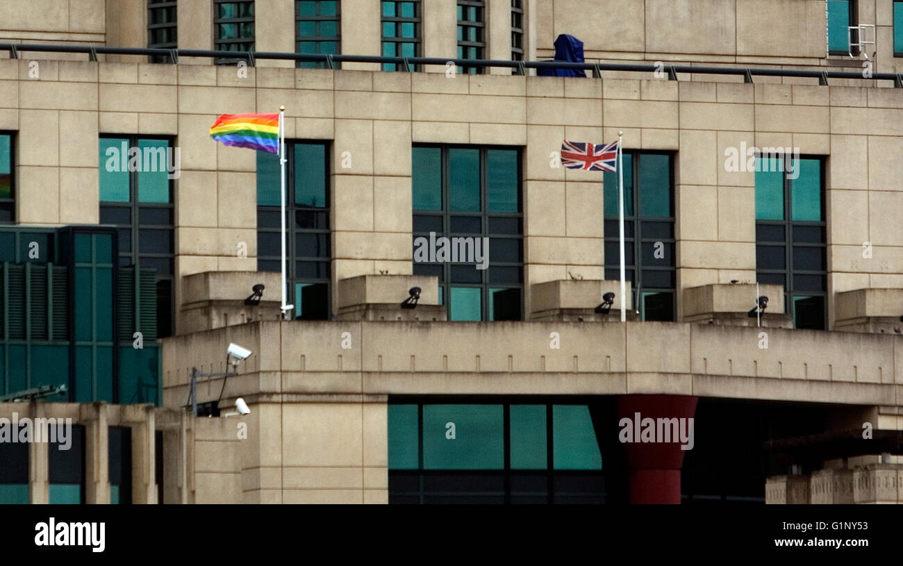 London, UK. 17th May, 2016. The Rainbow Flag flies alongside the Union ...