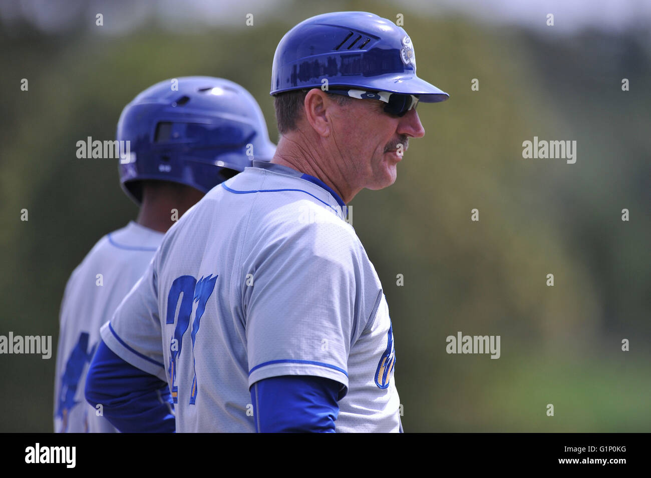 Omaha Storm Chaser Manager/3rd base coach Brian Polding (27) scans the ...