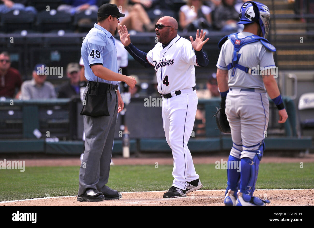 Tacoma Rainiers Manager Pat Listach (4) makes his point with Home Plate ...
