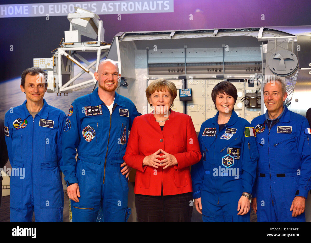 German Chancellor Angela Merkel poses with Spanish astronaut Pedro ...