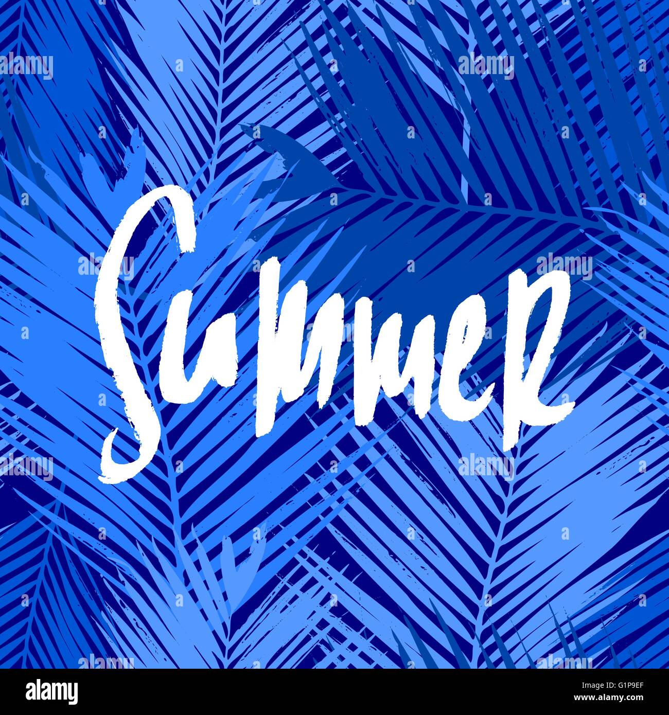Poster design with blue palm leaves silhouettes background and text ...