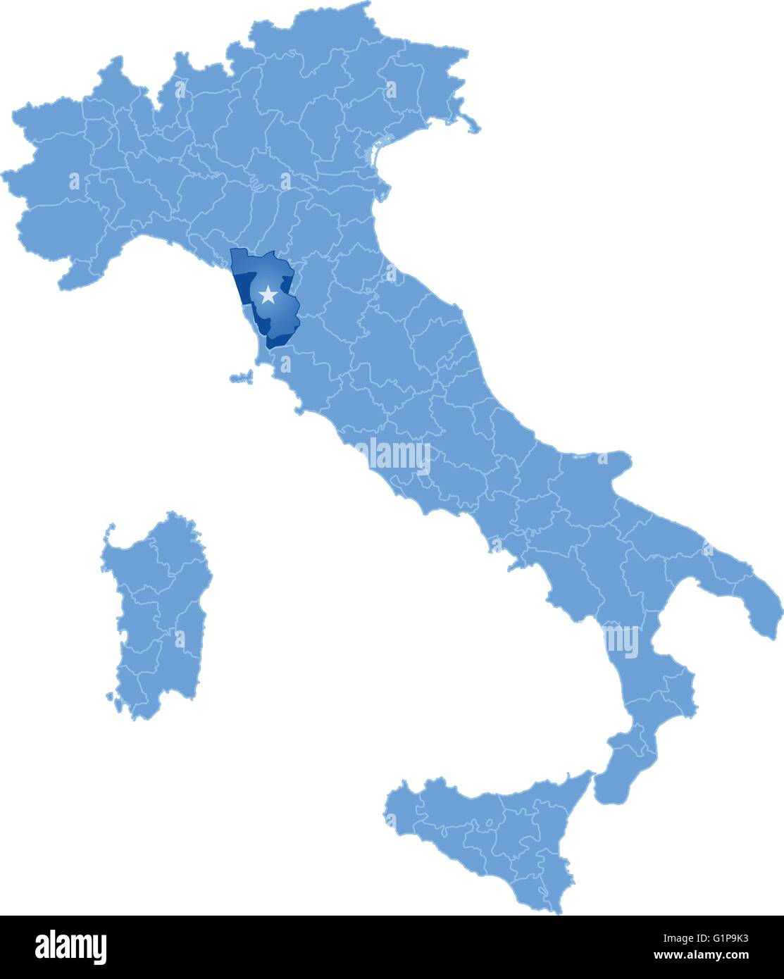 Map of Italy where Pisa province is pulled out, isolated on white ...