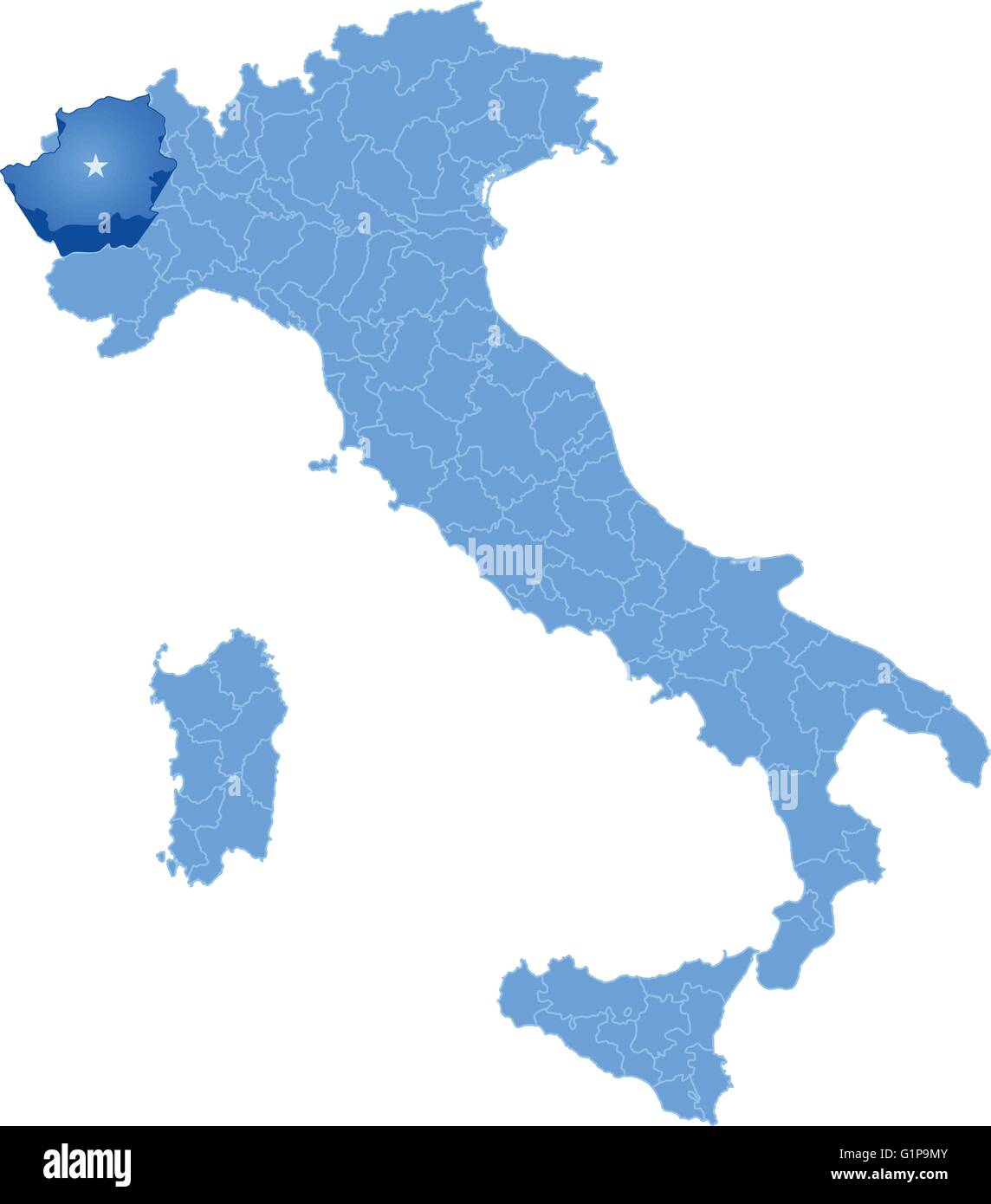 Map of Italy where Torino province is pulled out, isolated on white ...