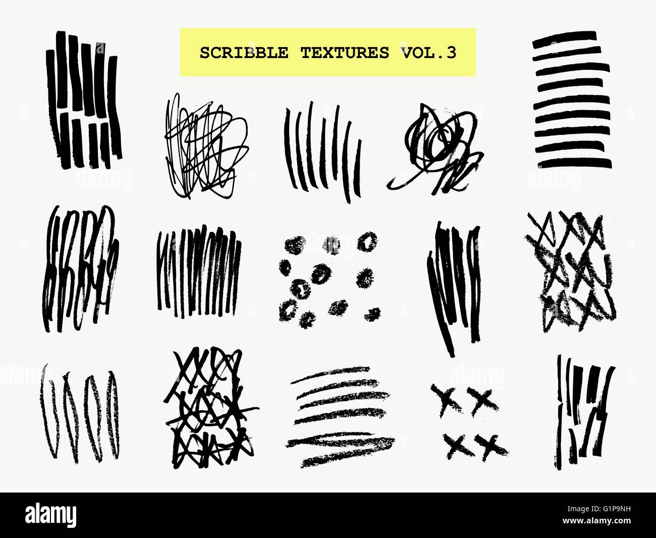 A set of hand drawn black scribble textures isolated on cream ...
