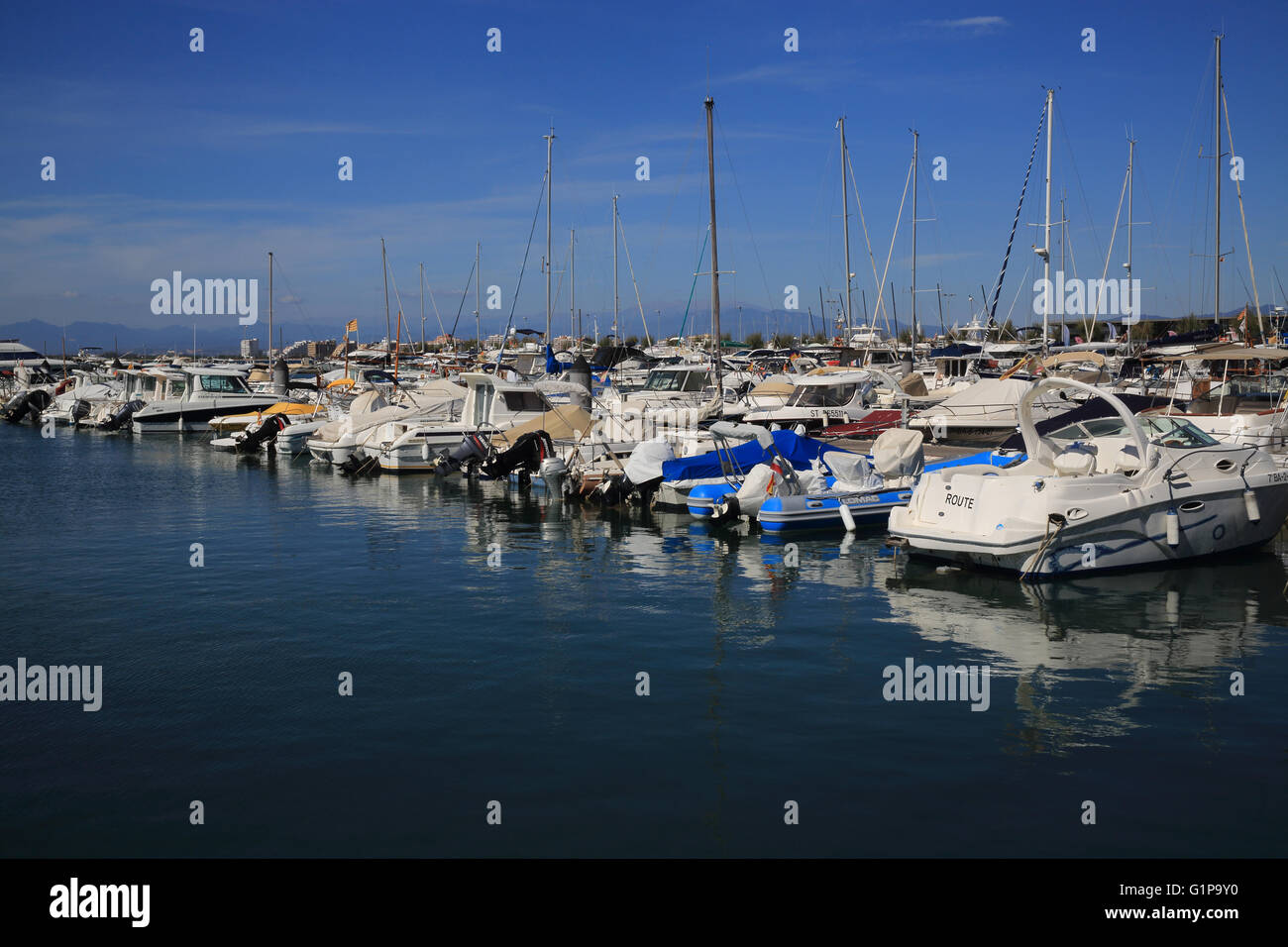 The pretty marina in the coastal town of Roses, in the province of ...