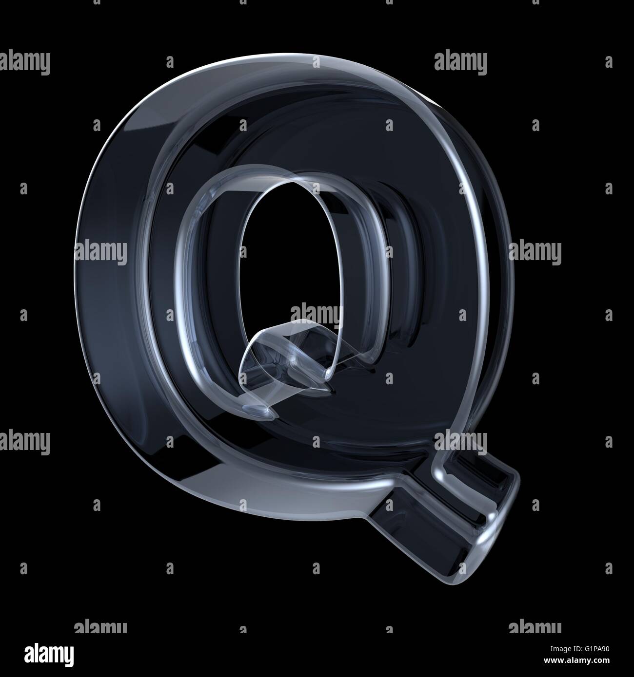 Transparent x-ray letter Q. 3D render illustration on black background ...