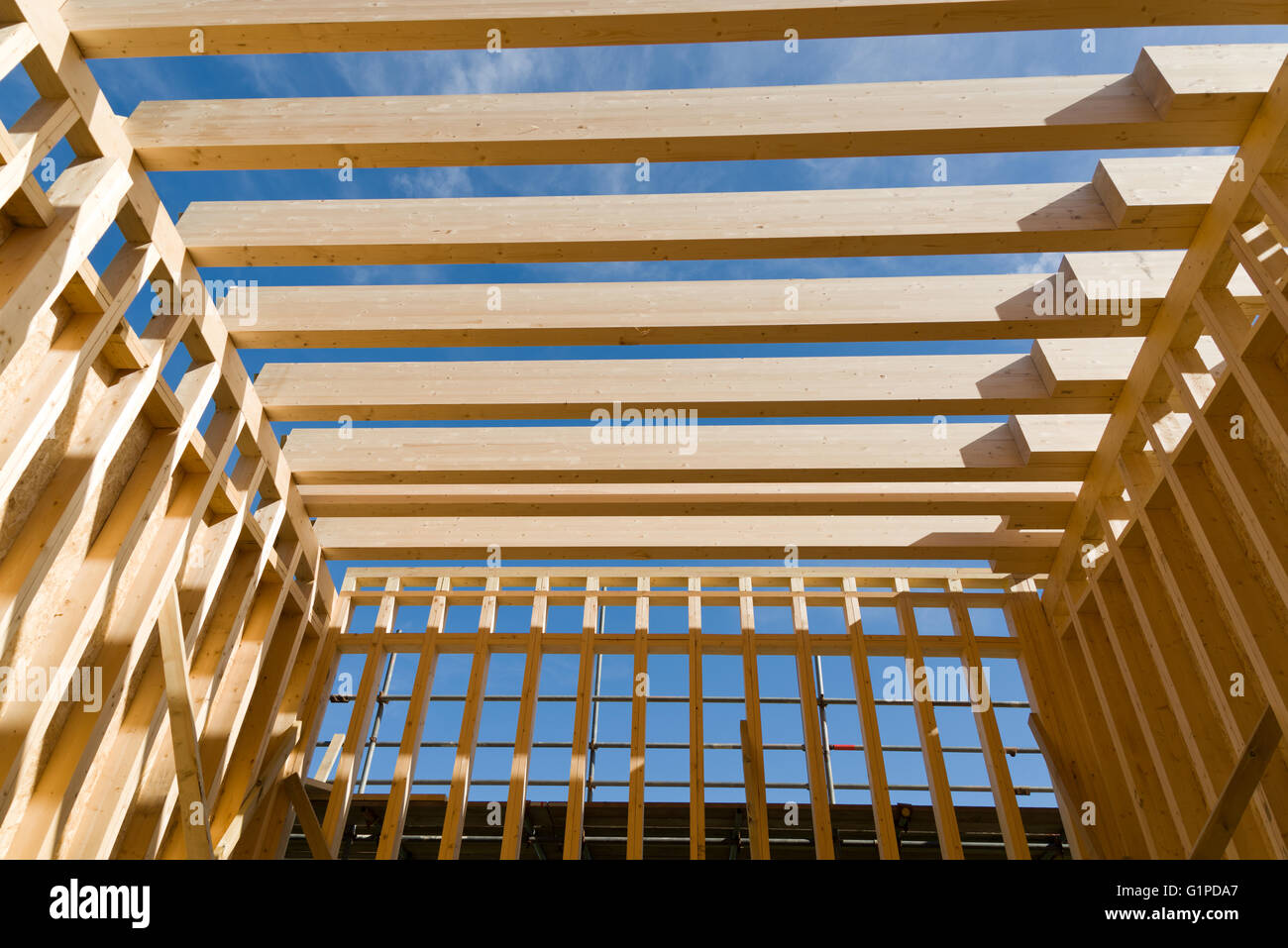 Timber frame building being erected. Wooden structure partially ...