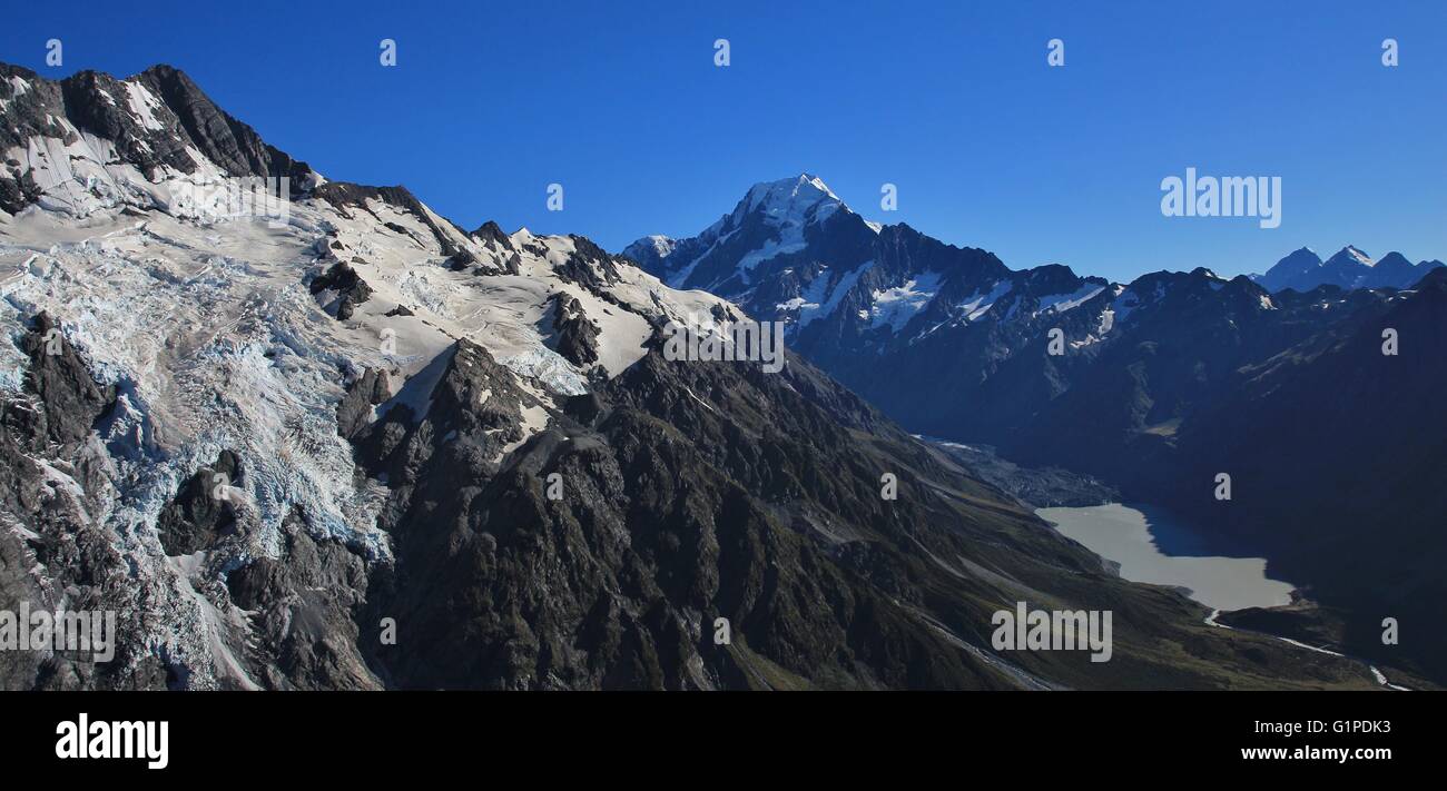 Big glacier, Mt Cook and Hooker Lake. Morning scene in the Southern ...