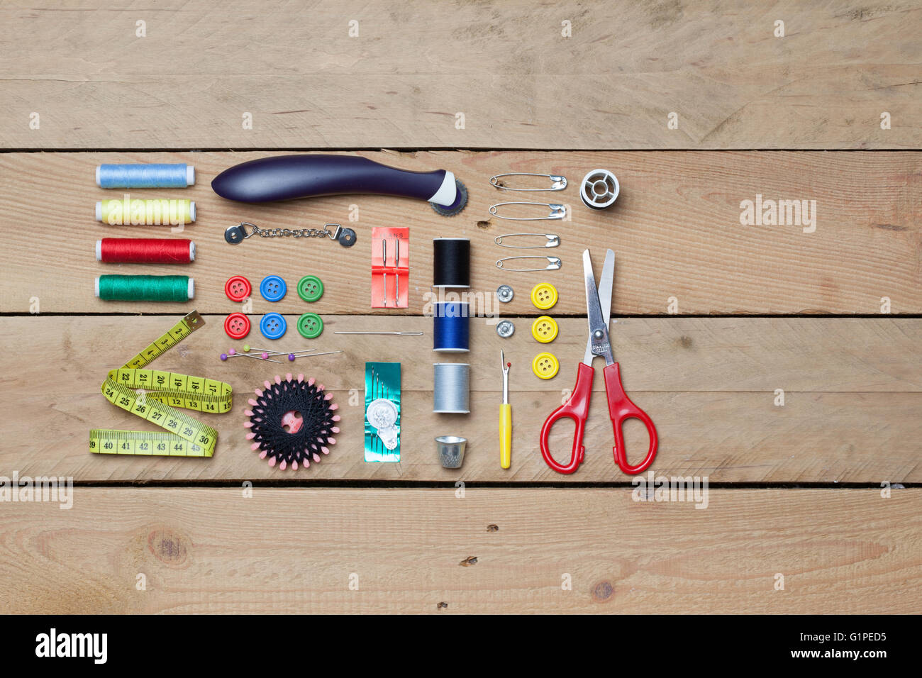 Set of tools with cutter, scissors, needle, thread spools, home made ...