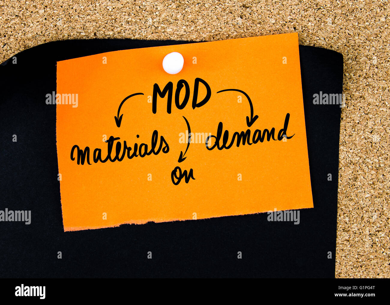 Business Acronym MOD as Materials On Demand written on orange paper ...