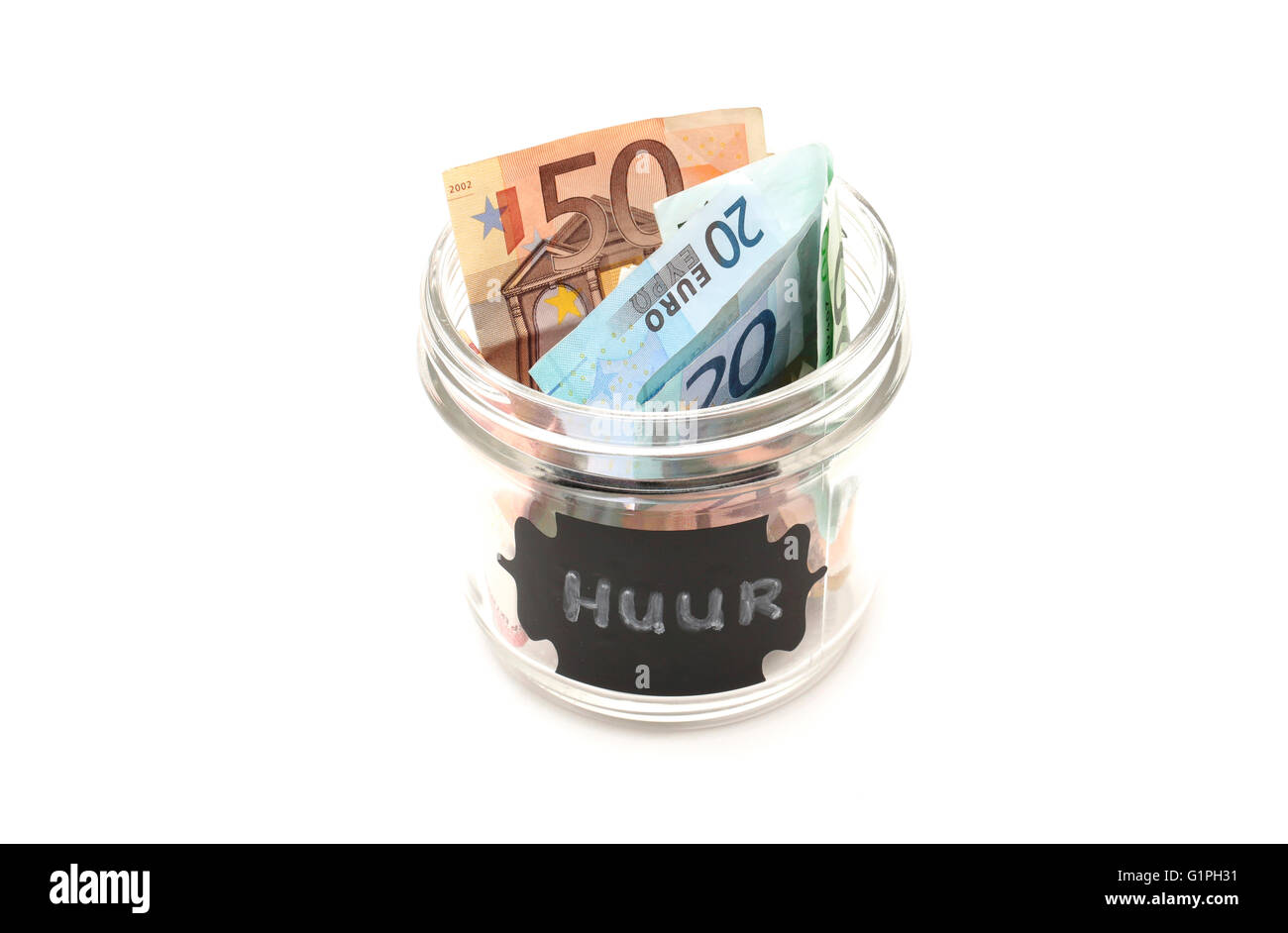A jar filled with money with the dutch word rent written on the label ...