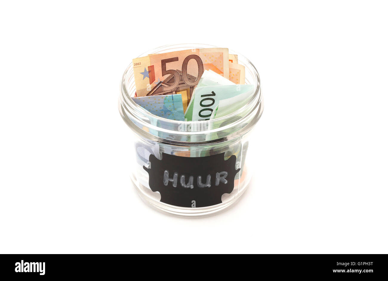 A jar filled with money with the dutch word rent written on the label ...