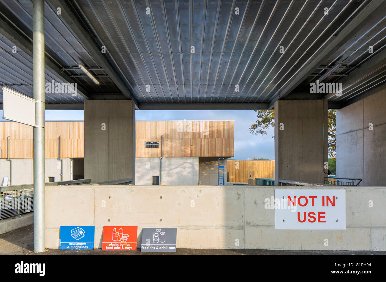 Concrete frame with metal canopy. Bridport Recycling Centre, Bridport ...