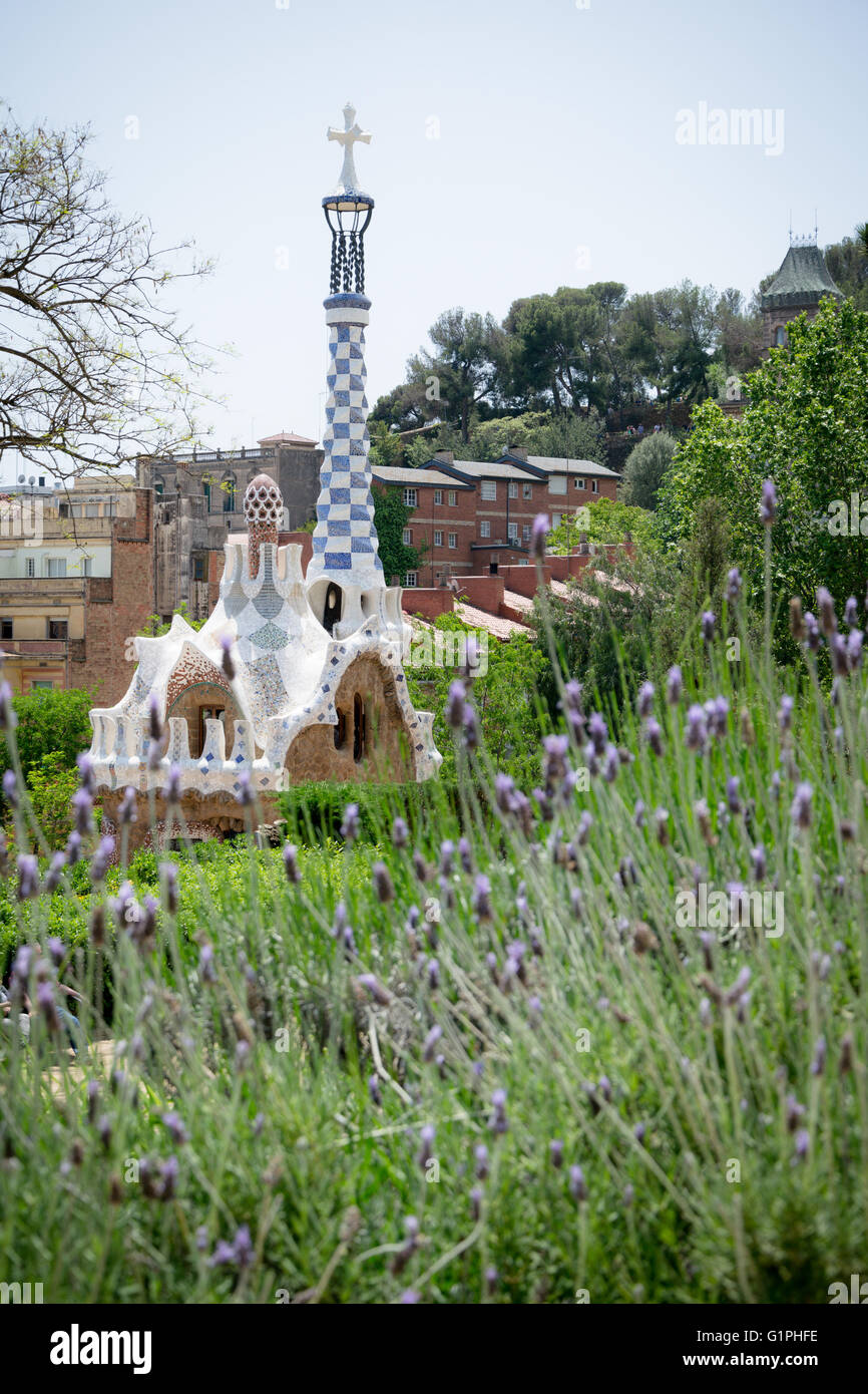 The iconic Gaudi designed cross in Park Güell, Barcelona, Spain Stock ...