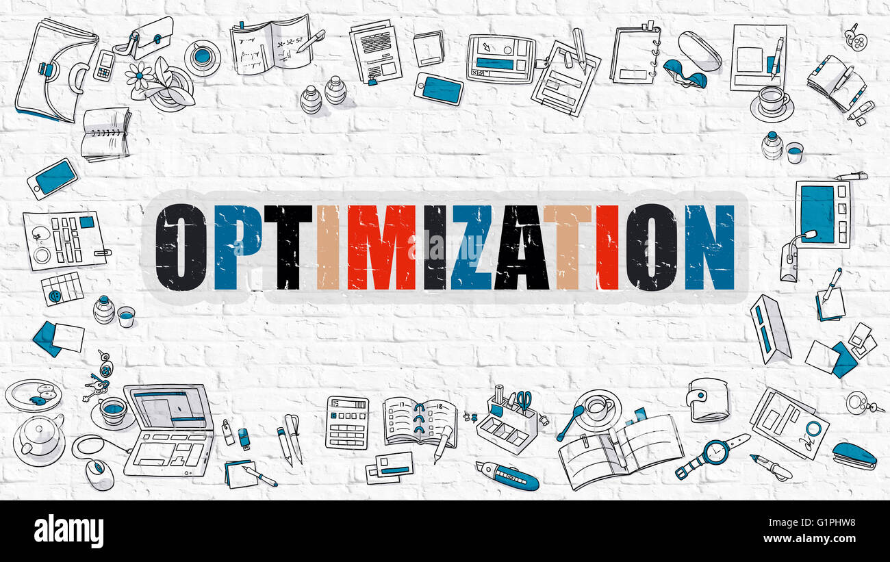 Multicolor Optimization on White Brickwall. Doodle Style Stock Photo ...