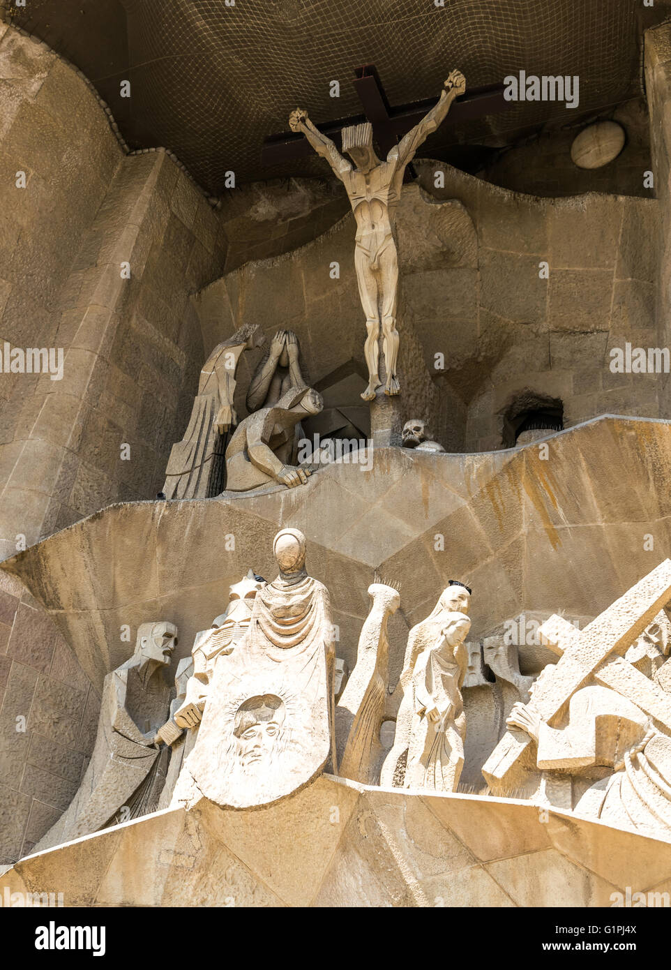 Stone religious statues adorn the La Sagrada Família Cathedral in ...