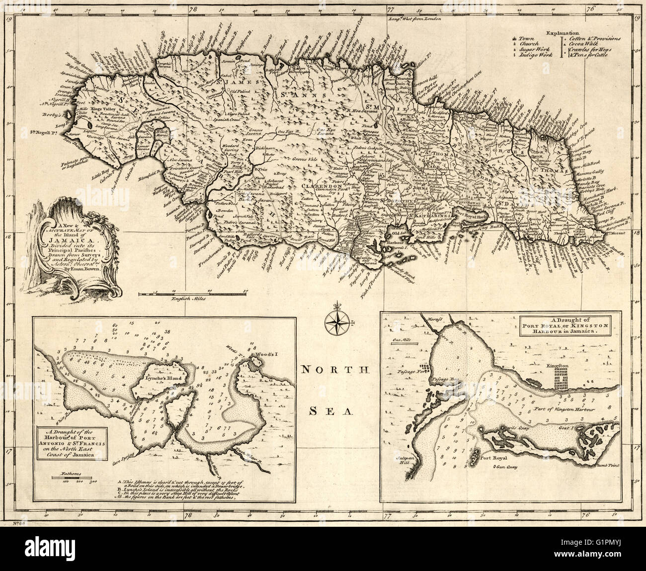 MAP: JAMAICA, 1752. British map of the island of Jamaica, divided into ...