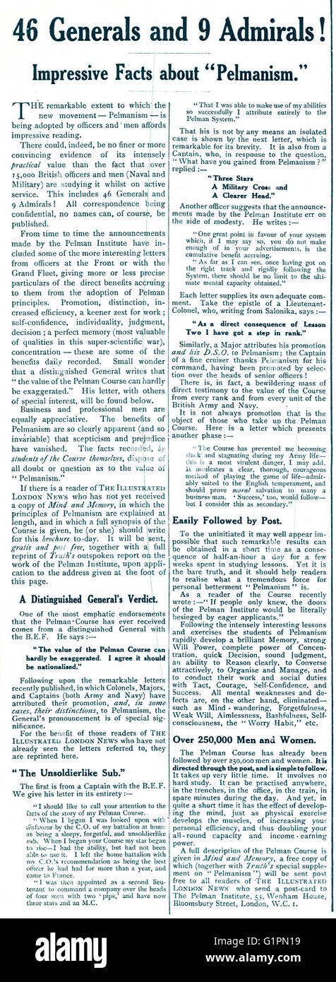 AD: PELMANISM, 1918. British advertisement for Pelmanism, a mind ...