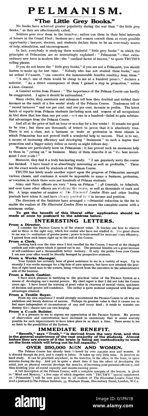 AD: PELMANISM, 1918. British advertisement for Pelmanism, a mind ...