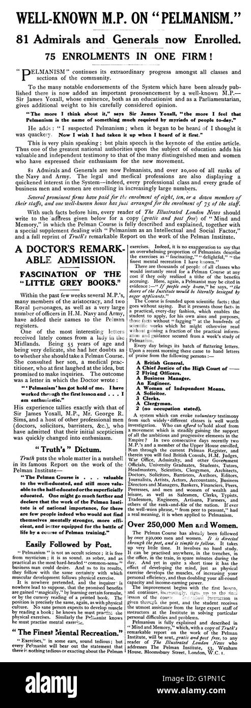 AD: PELMANISM, 1918. British advertisement for Pelmanism, a mind ...