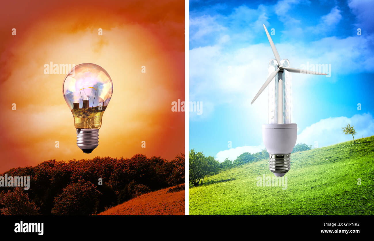 Comparison between various types of light bulb on landscape background ...
