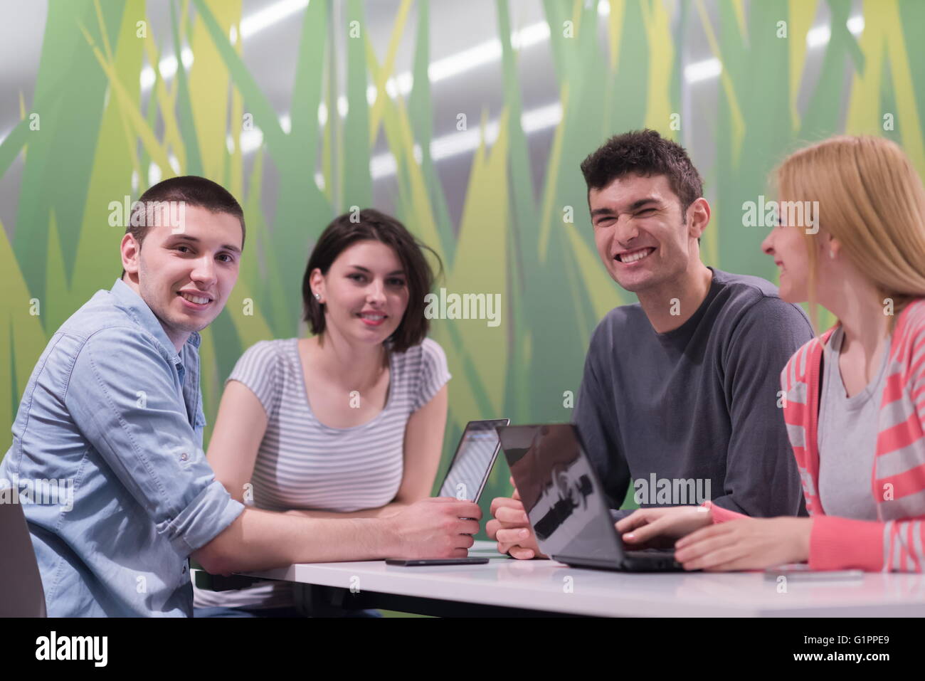 students group study together in school classroom and working together ...