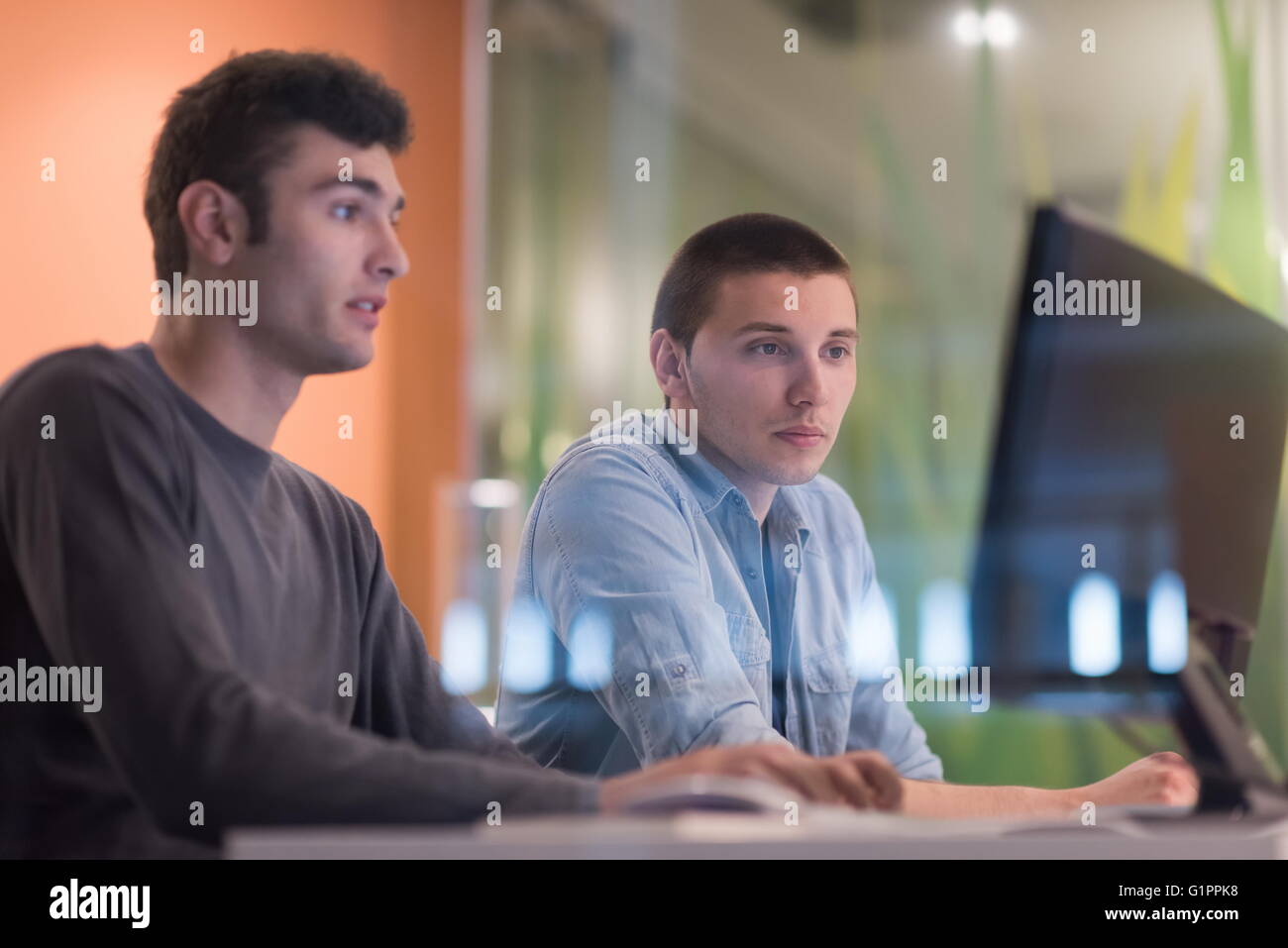 technology students group in computer lab school classroom working on ...