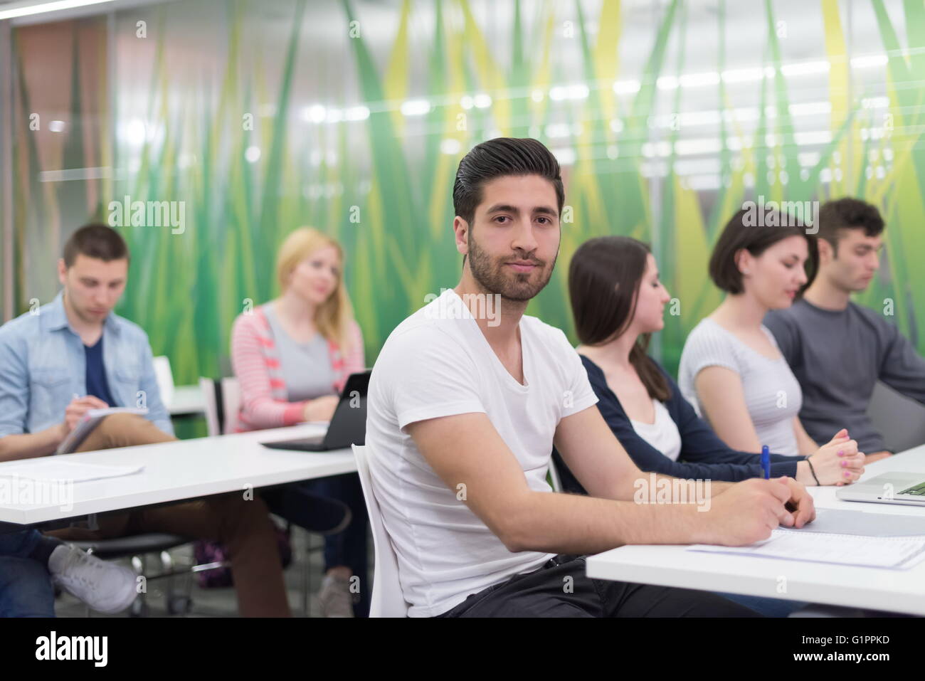 students group study together in school classroom and working together ...