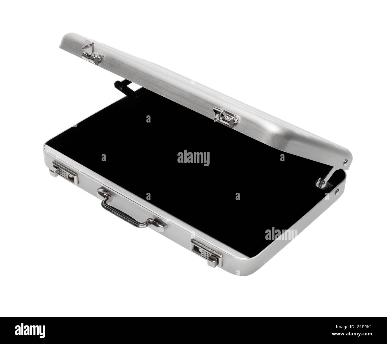 Isolated objects: empty opened aluminium briefcase, on white background ...