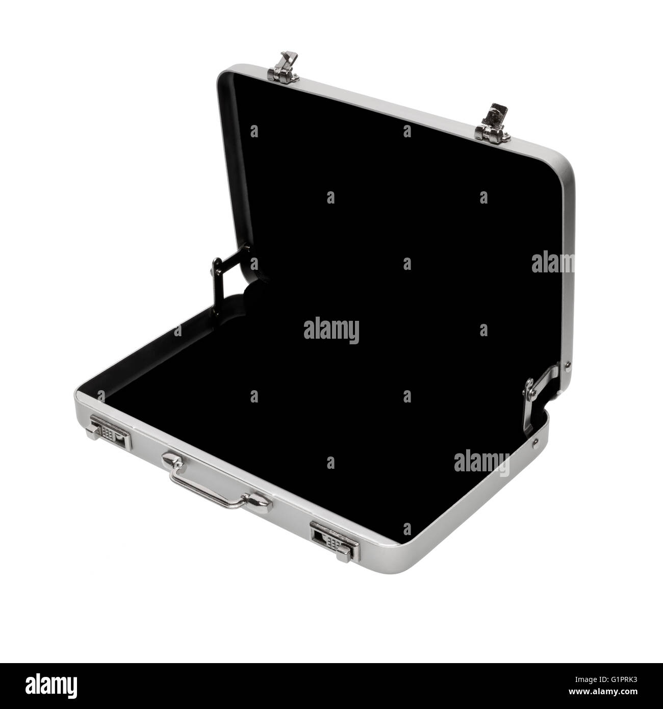 Isolated objects: empty opened aluminium briefcase, on white background ...