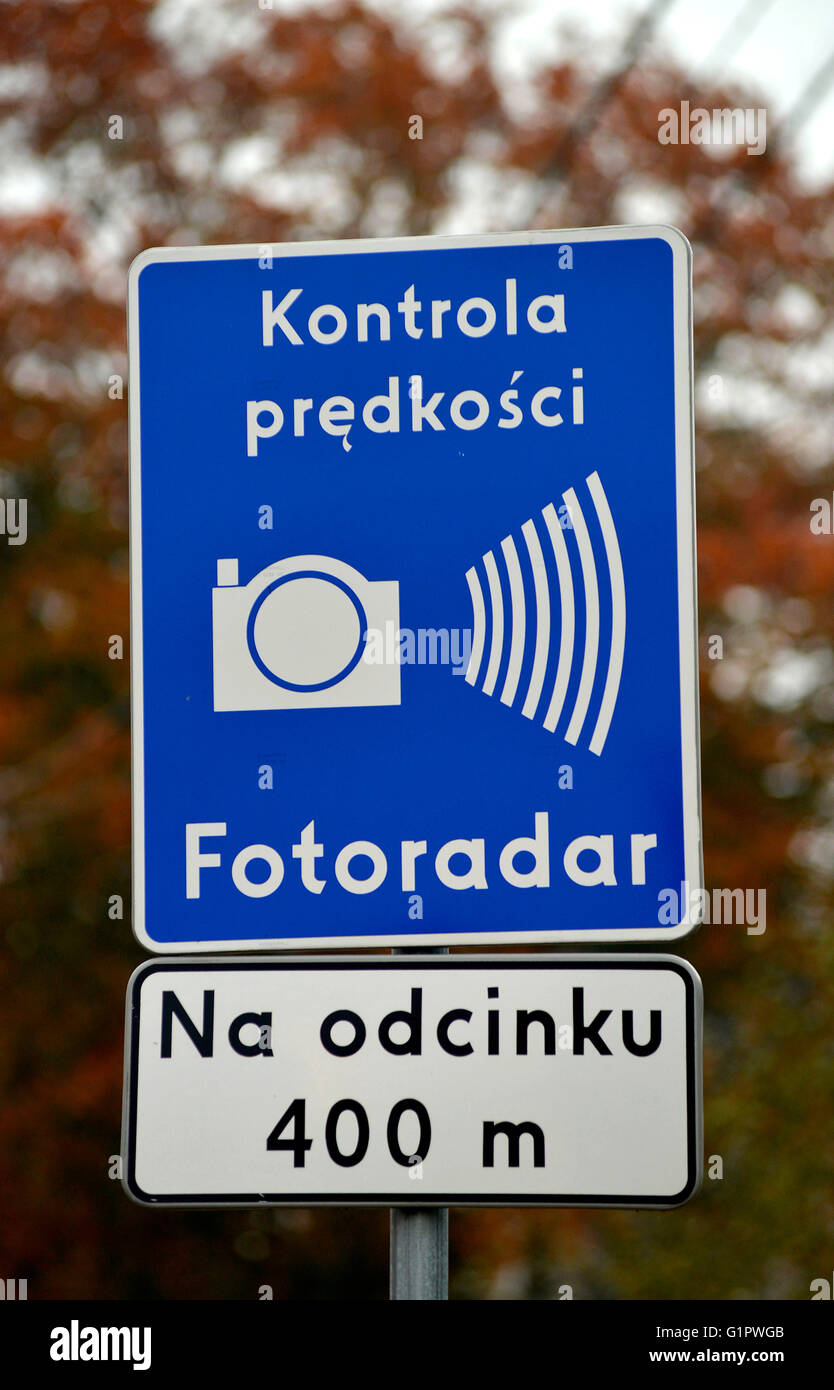 Warning sign, radar speed check, Kolobrzeg, Poland Stock Photo - Alamy