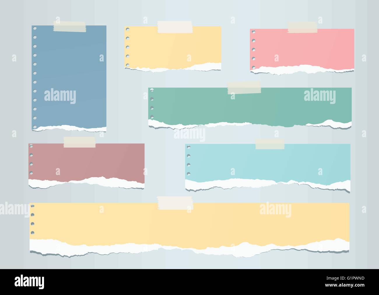 Pastel colorful ripped blank note paper are stuck on gray background ...
