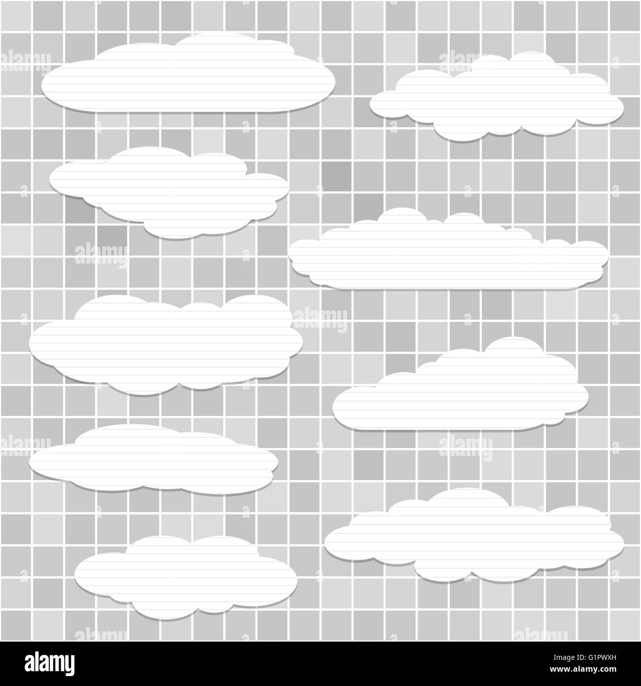 Cut out lined paper clouds are stuck on gray squared pattern or wall ...