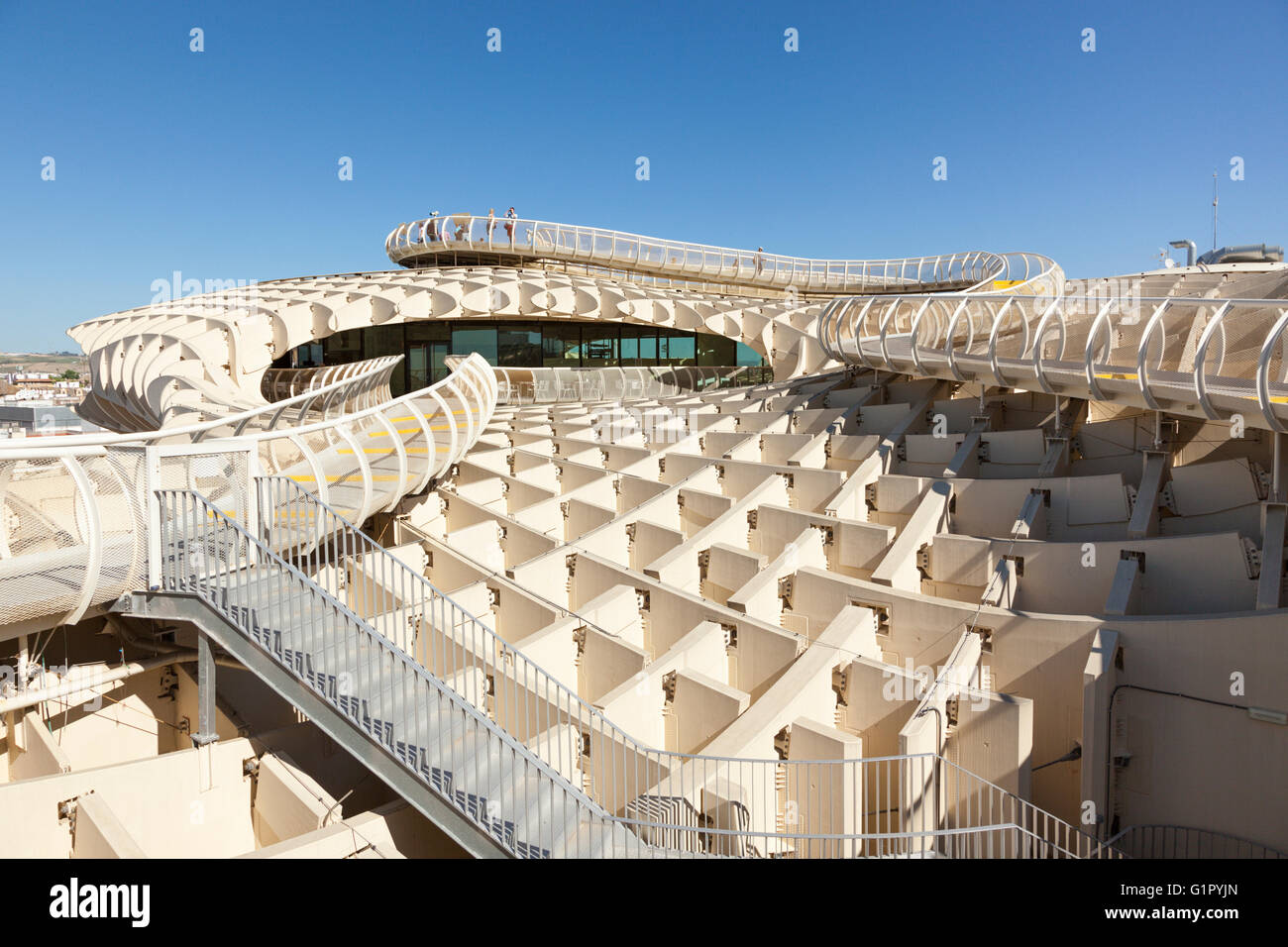 Tourists on the lookout on top of Espacio Metropol Parasol building, a ...