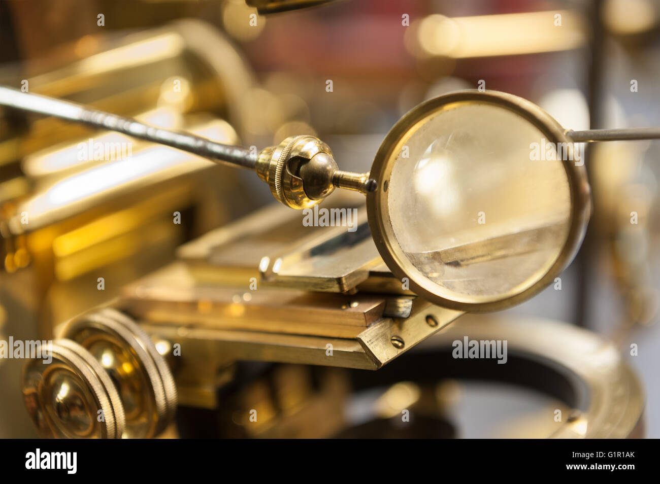 large convex lens magnifying old glass impurities and distorting the ...