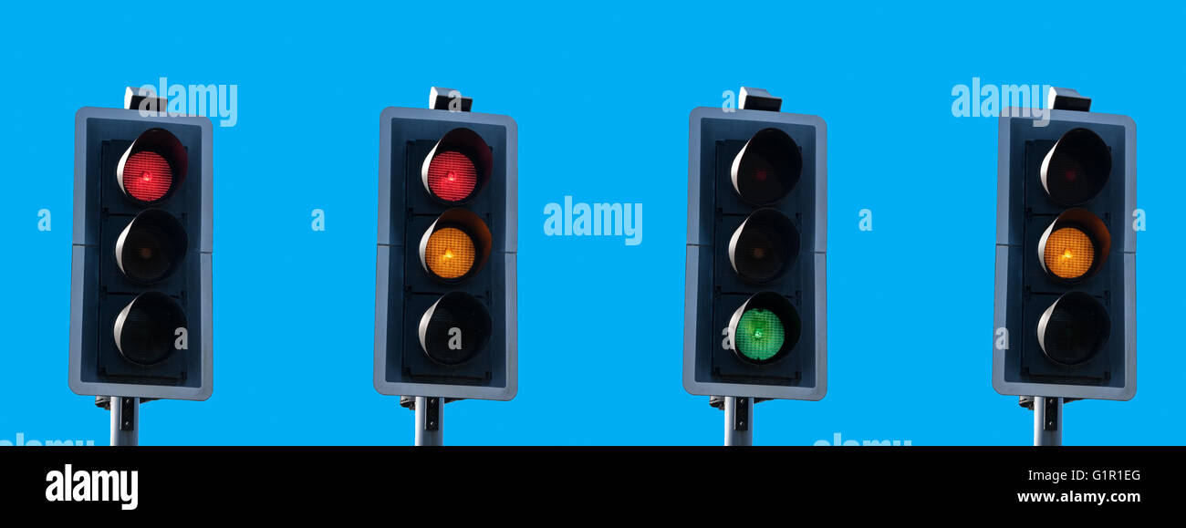 UK traffic lights sequence in panorama format. Blue sky background ...