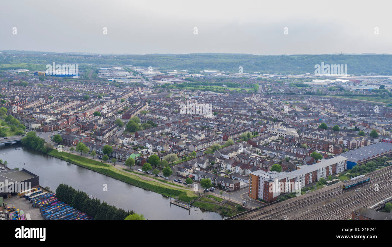 Aerial views over Cardiff Central train station and the River Taff ...