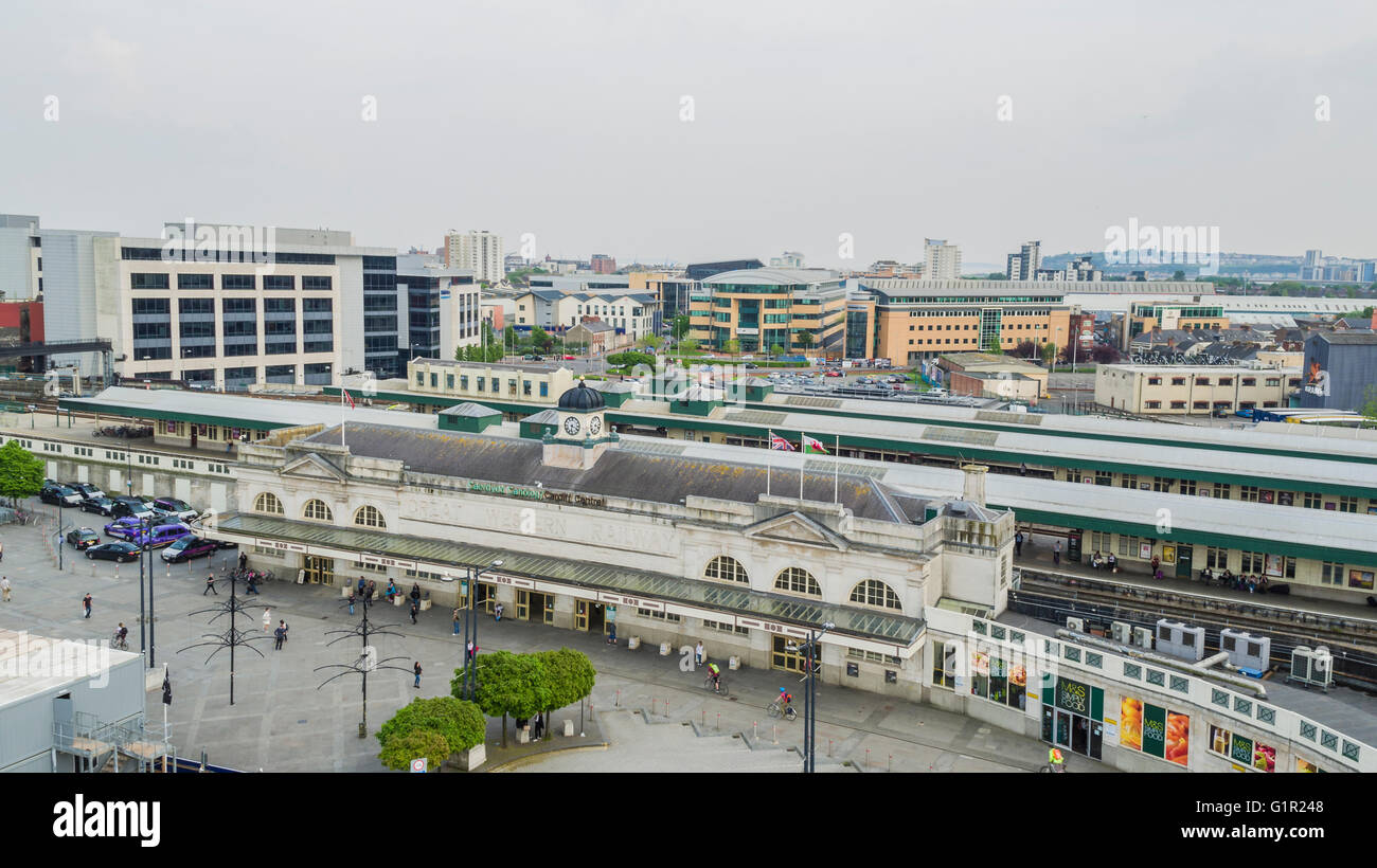 Aerial views over Cardiff Central train station and the River Taff ...