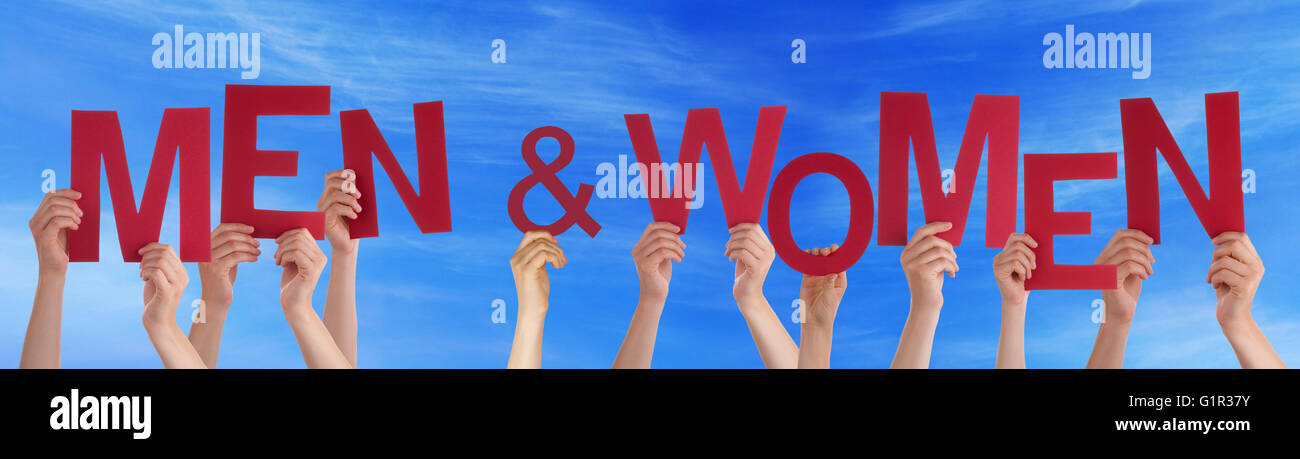 Hands Holding Red Word Men And Women Blue Sky Stock Photo - Alamy
