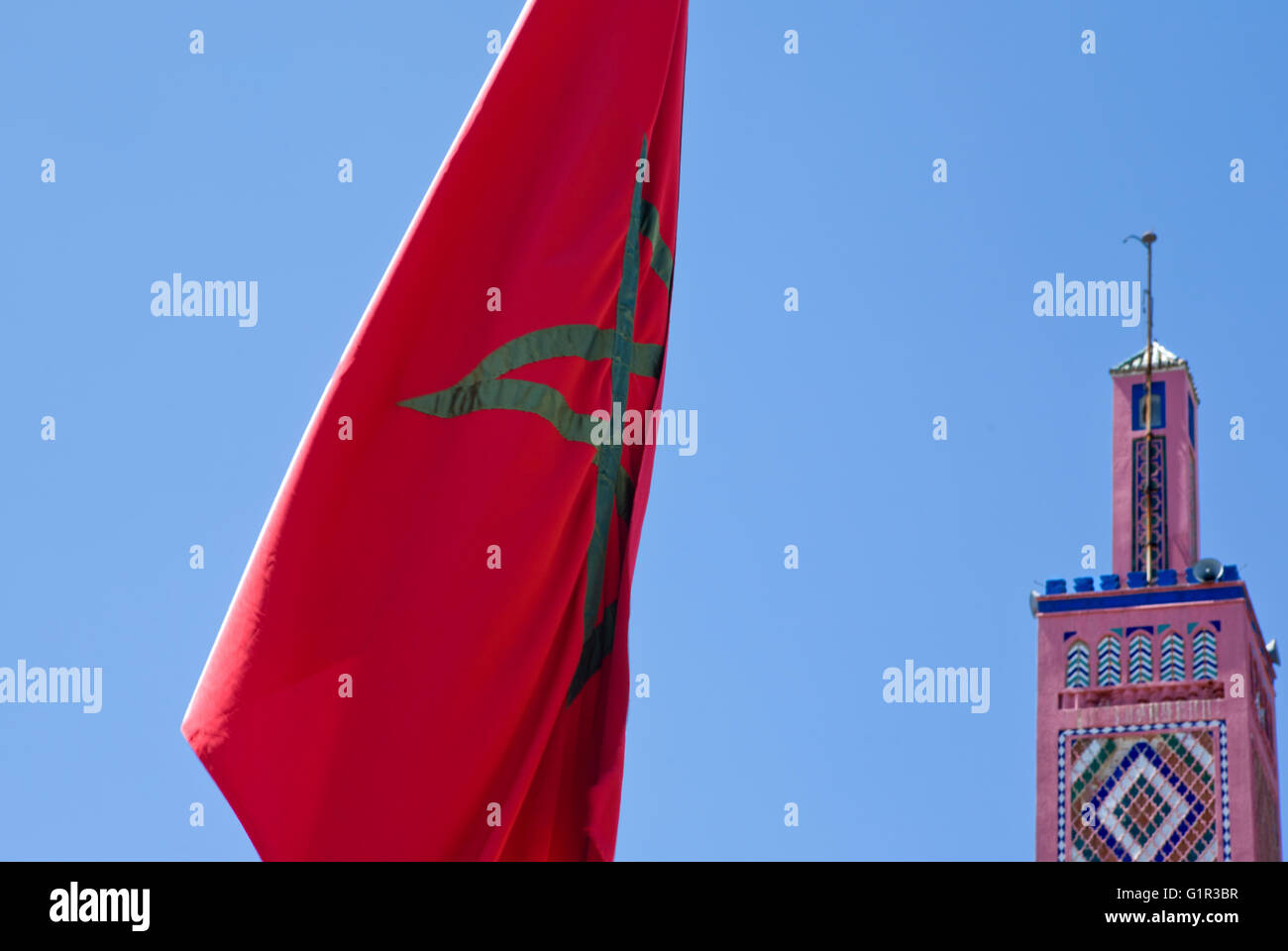 Moroccan flag and mosque minaret at bottom, Tangier, Morocco Stock ...