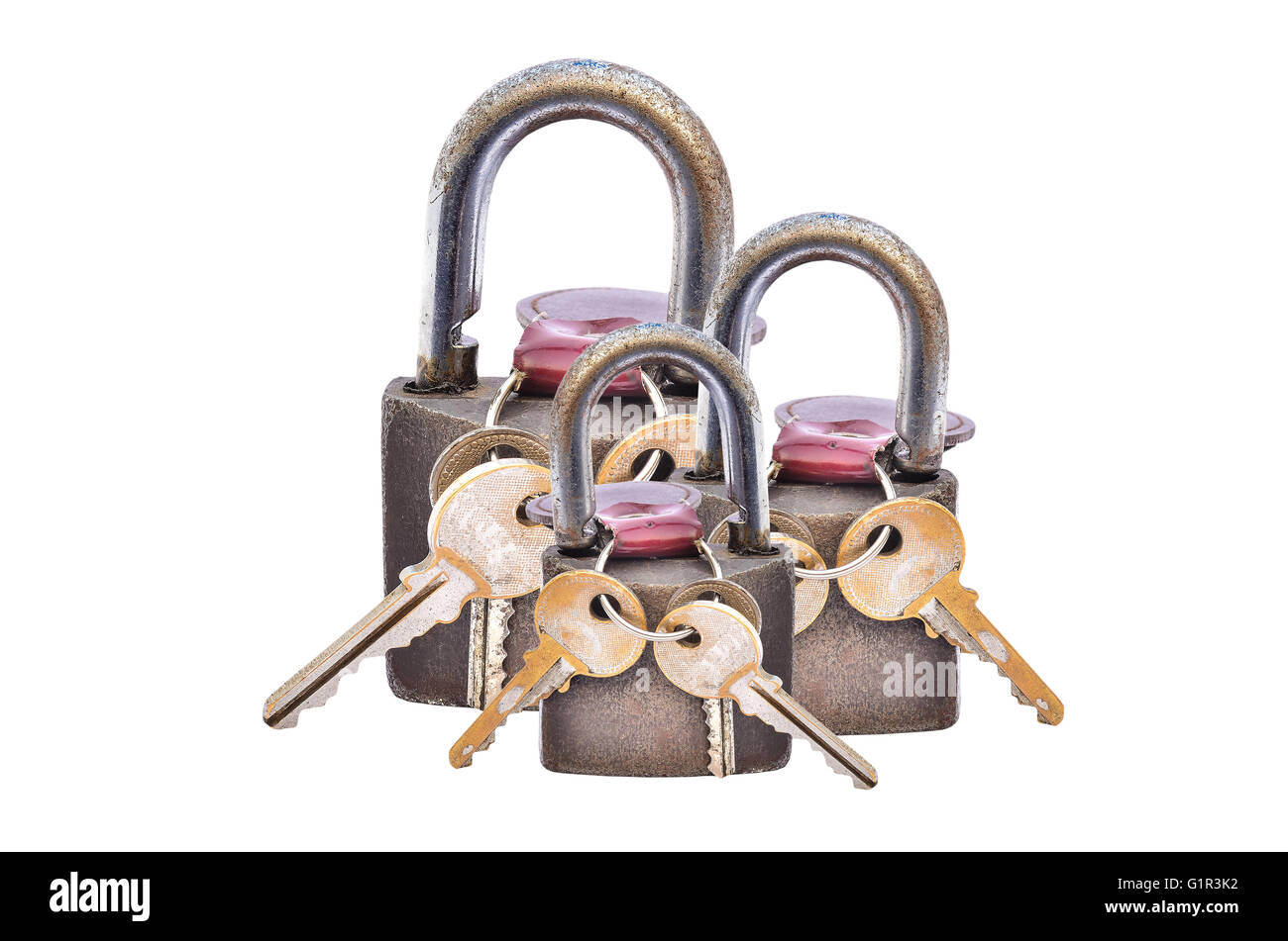 Group Padlock with key on white beam background Stock Photo - Alamy