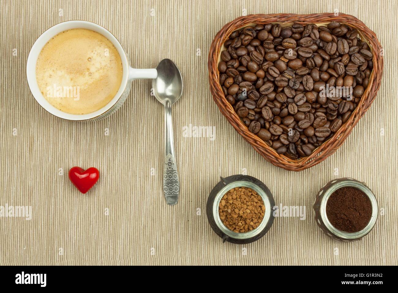 Roasted coffee beans on the kitchen table. Fresh coffee. Preparation of ...