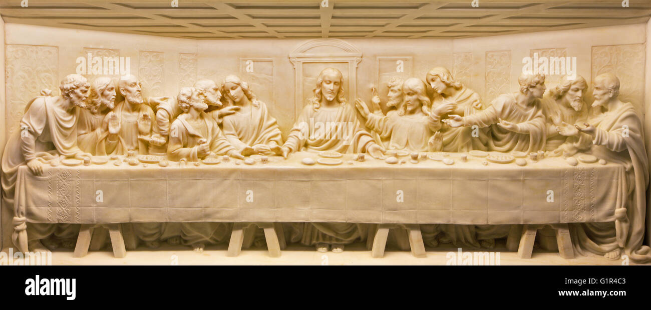 ROME, ITALY - MARCH 10, 2016: The Last Supper marble relief on the ...