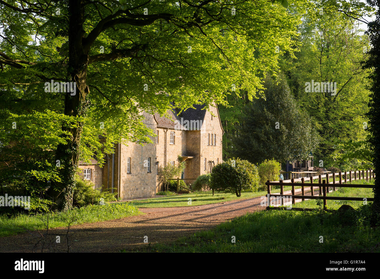 Cotswold stone cottages in evening sunlight, Cotswolds, Worcestershire ...