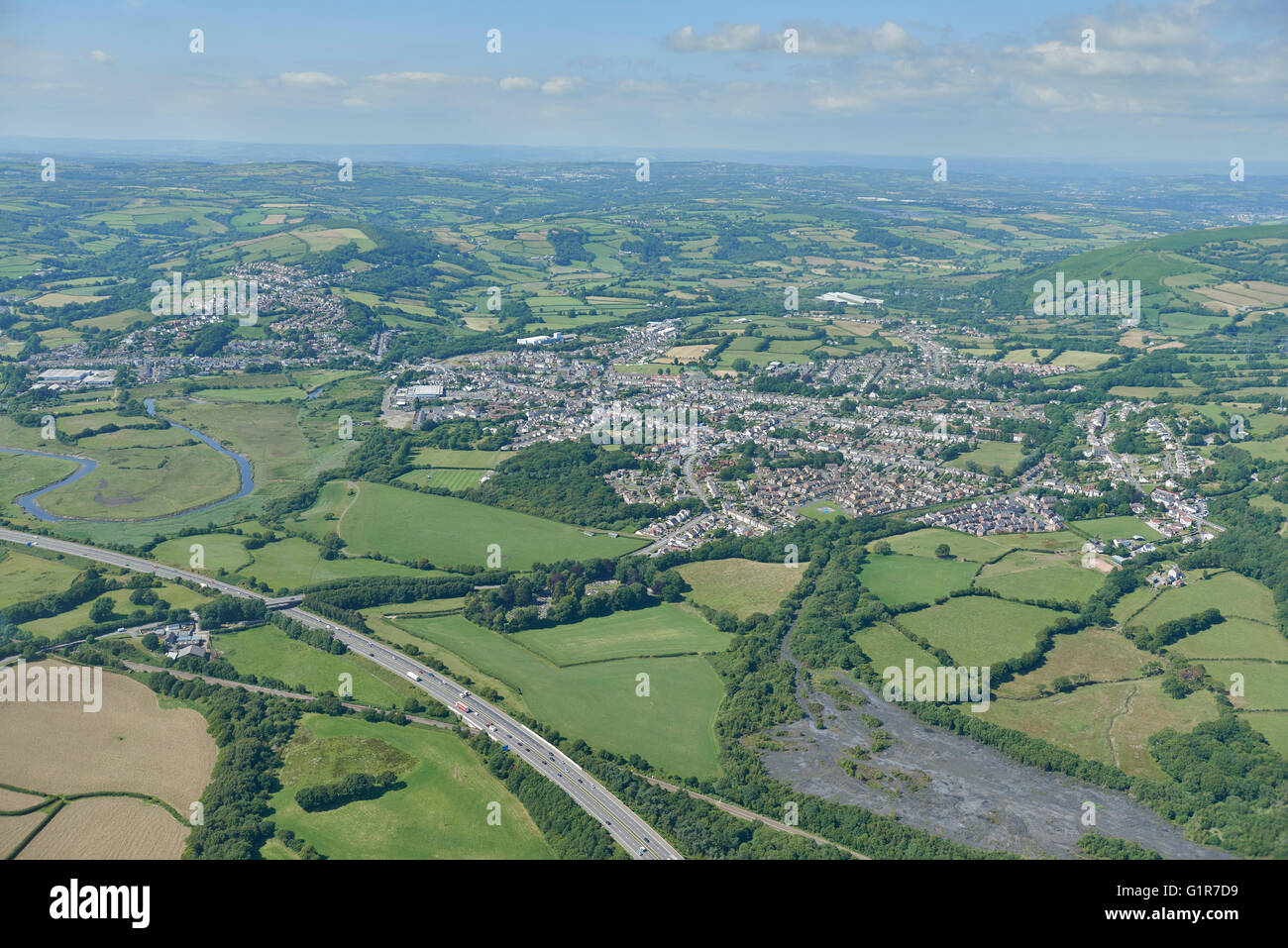 A wide aerial view showing the whole of the Welsh town of Pontarddulais ...