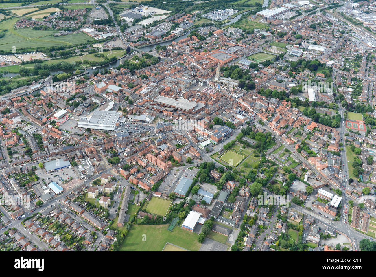 A wide aerial view of the Nottinghamshire town of Newark on Trent Stock ...