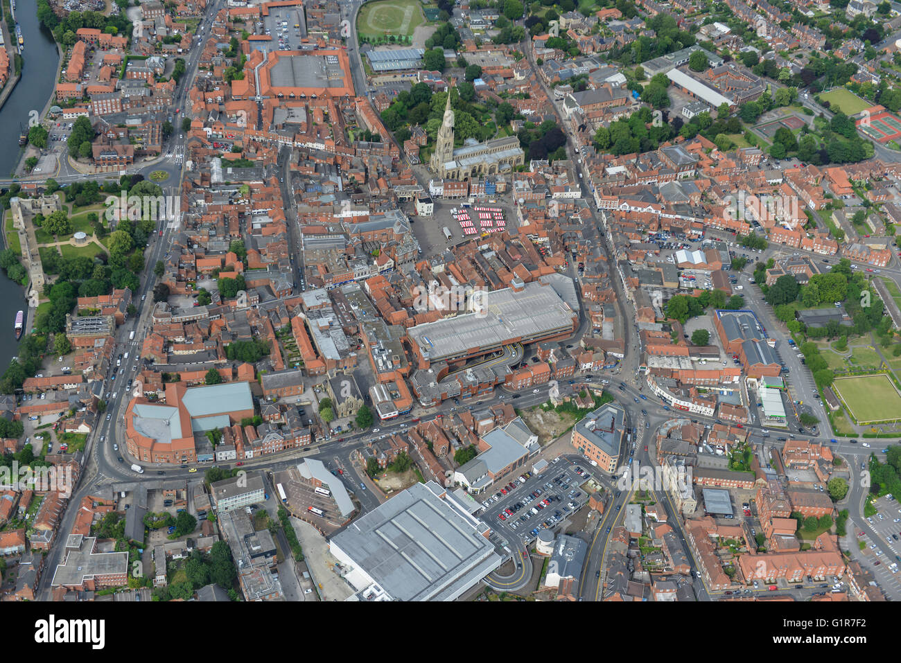 An aerial view of the town centre of Newark-on-Trent, Nottinghamshire ...