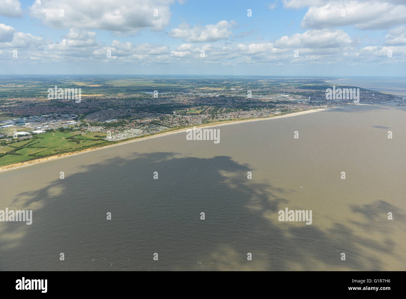 A wide aerial view showing the whole of Lowestoft and its coastline ...