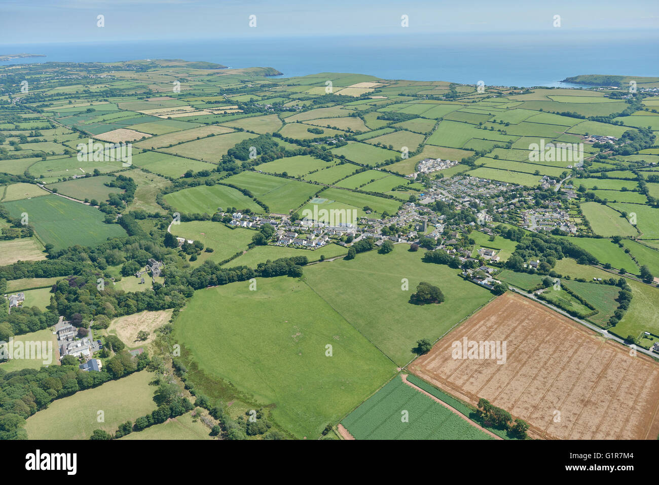 An aerial view of the Pembrokeshire village of Lamphey and surrounding ...