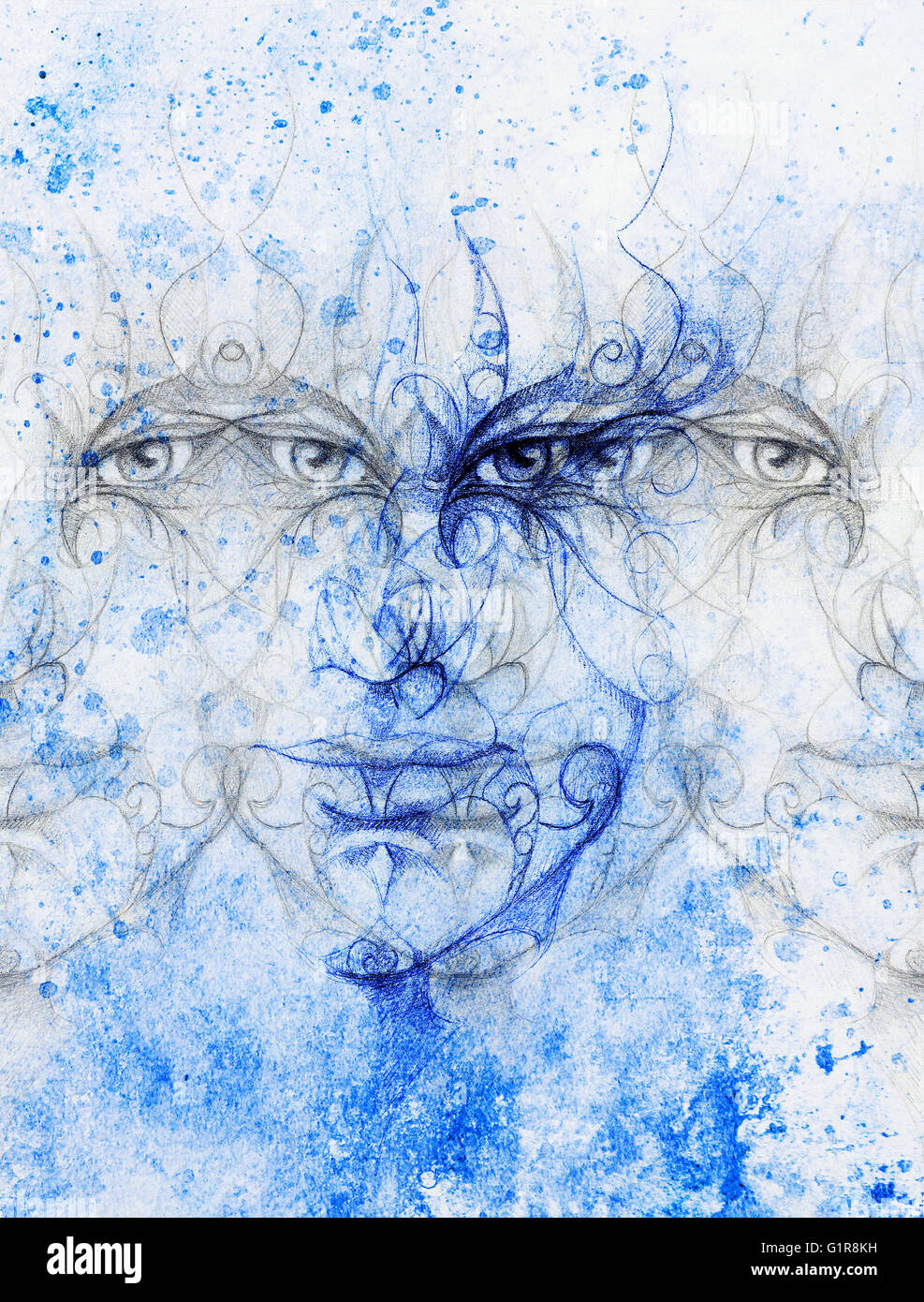 mystic man face with floral ornament. Drawing on paper, Color effect ...